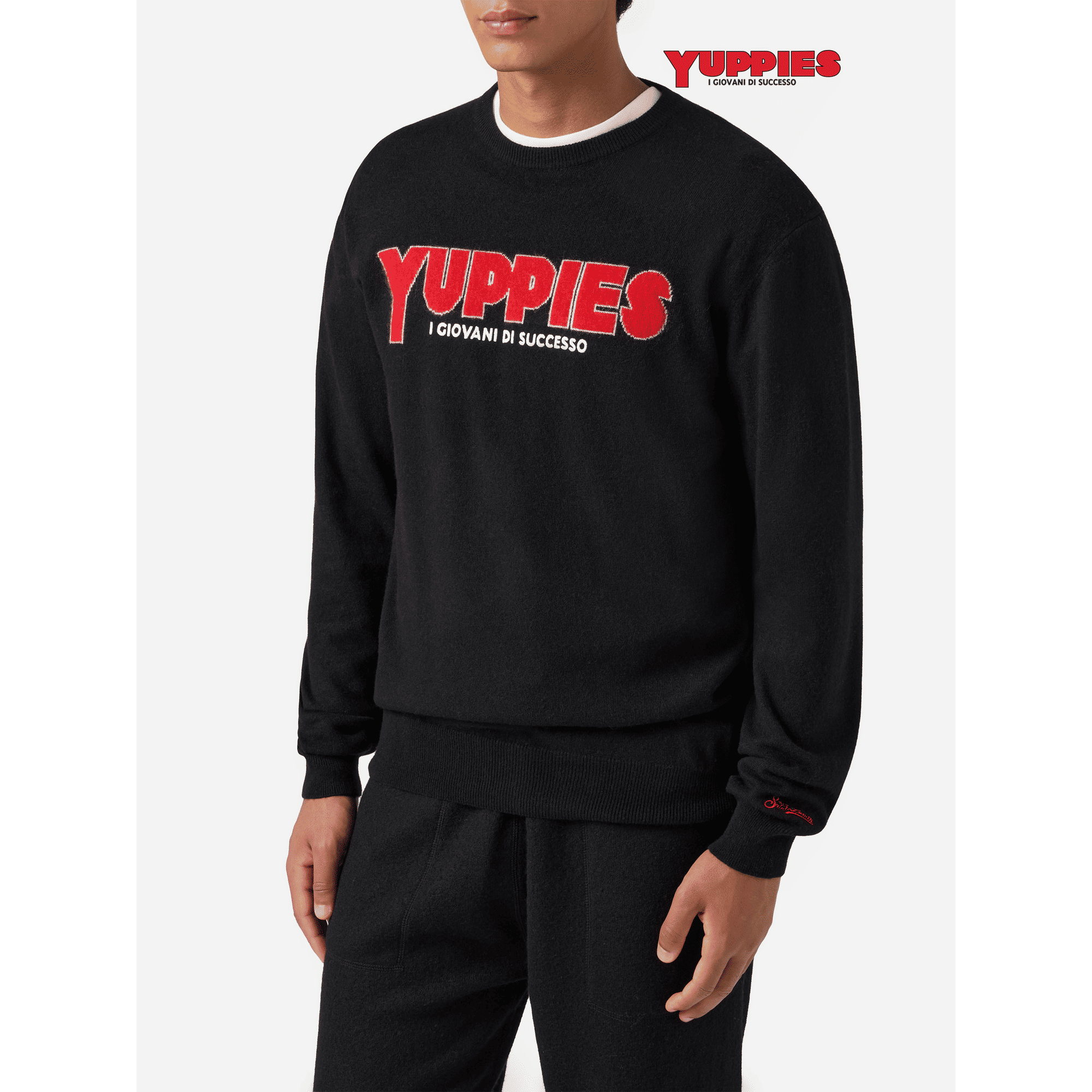 Maglione Heron light nero con jacquard Yuppies e ricamo | YUPPIES ...
